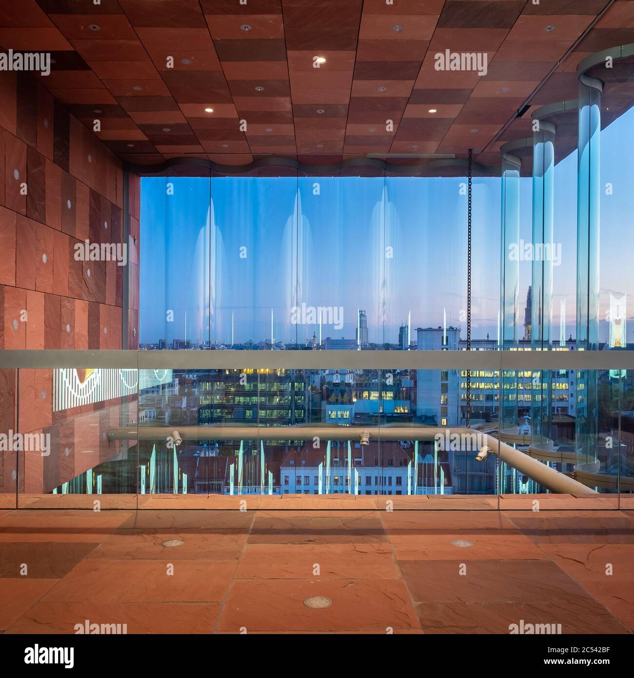 View from inside the modern MAS museum in the center of Antwerp Stock ...