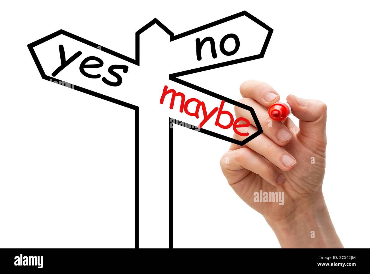 3-way signpost on whiteboard with the options yes, no and maybe Stock ...