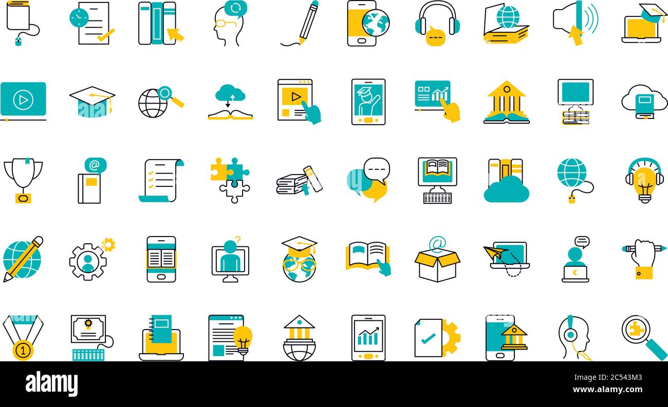 education online icon set over white background, half line half color ...