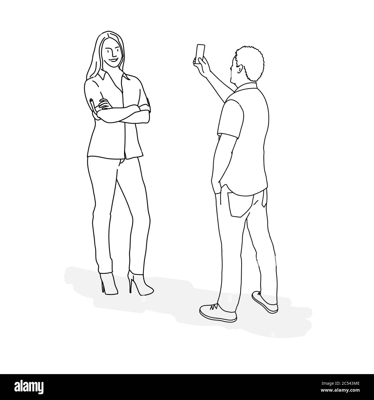 Line Drawing Of Selfie Vector Illustration Portrait Character Of Young