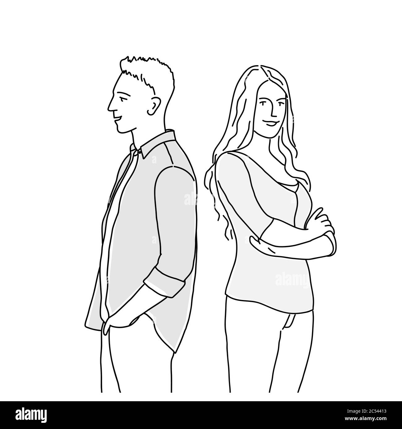 Unhappy couple standing with their backs to each other. Man and woman ...