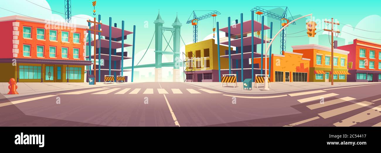 City street with construction site, building work and tower crane ...