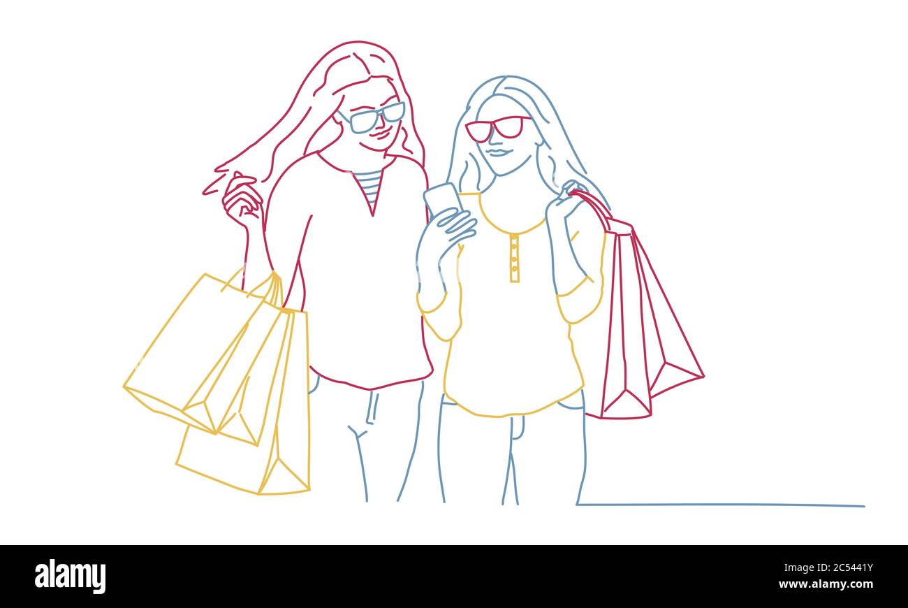 Girls with bags reading the message. Colour line drawing vector ...