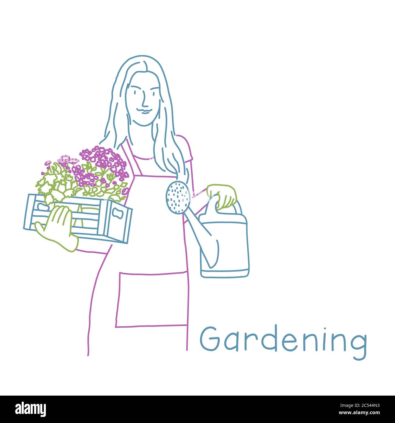 Gardener woman with a box of flowers and watering can. Gardening or ...