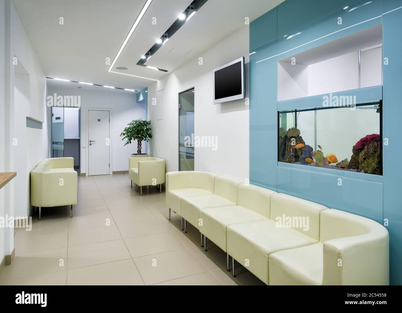 Moscow - September 15, 2017: A modern clinic interior. Entrance hallway ...