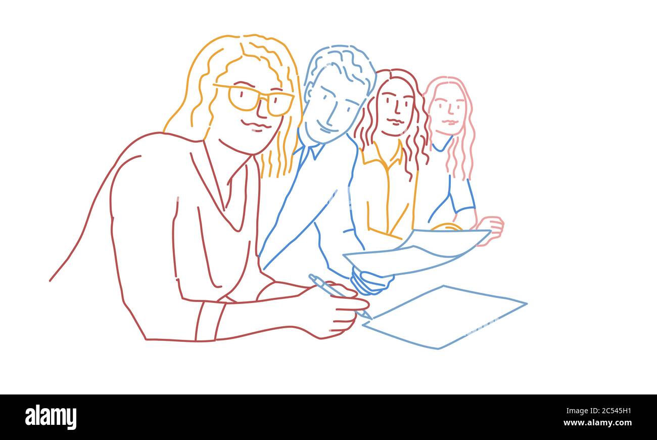 Business team seating at the table. Colour line drawing vector ...