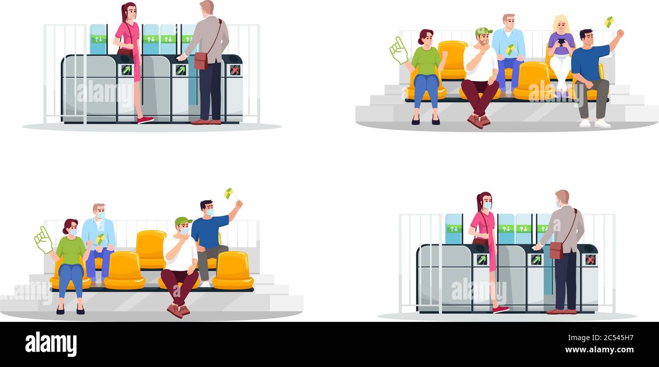 People in public space semi flat RGB color vector illustrations set ...
