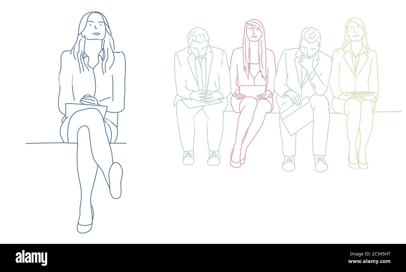 Group of people are waiting. Colour line drawing vector illustration ...