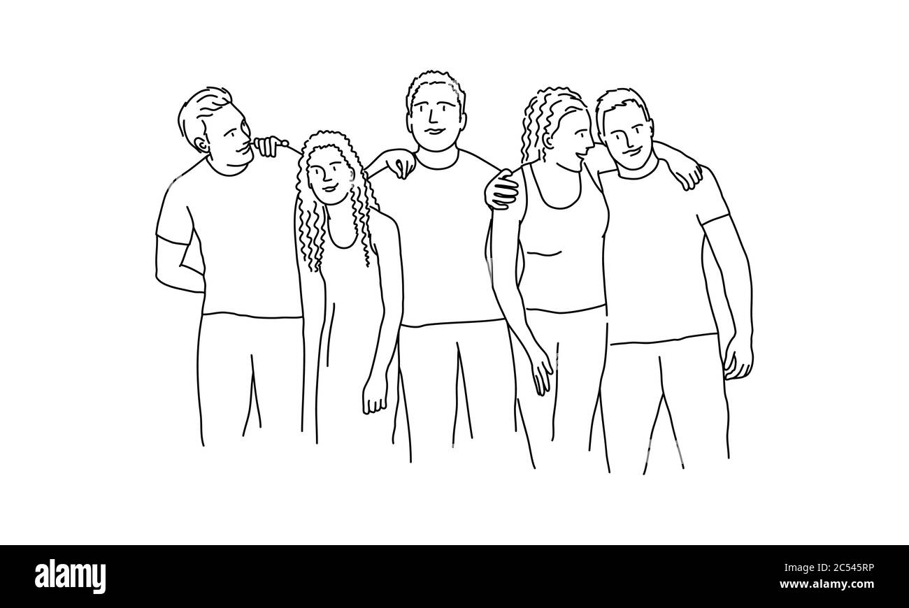 Line drawing of friends are standing and embracing. Vector illustration ...