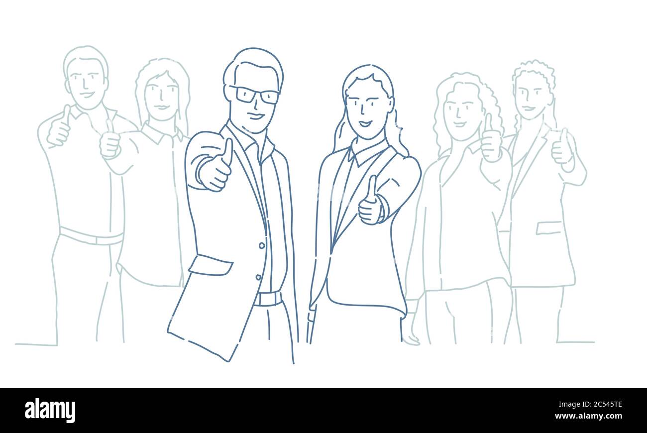 People showing OK or approval sign with thumb up. Colour line drawing ...