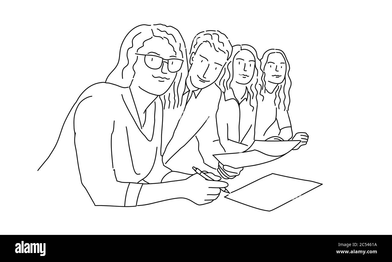 Line drawing of business people. Business team seating at the table ...