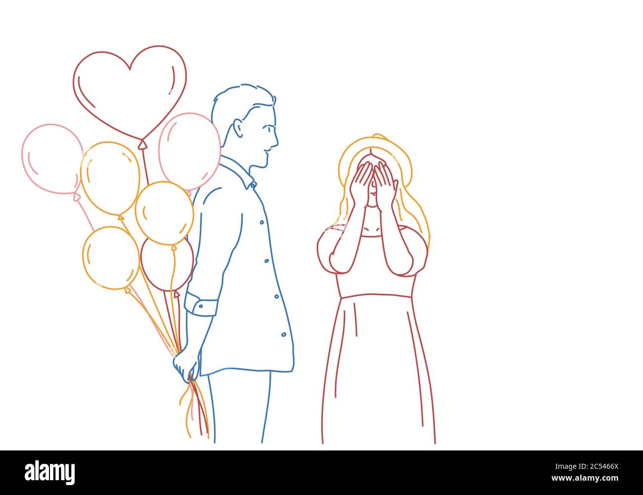Romantic couple with balloons. Girl in a hat closing her eyes. Colour ...