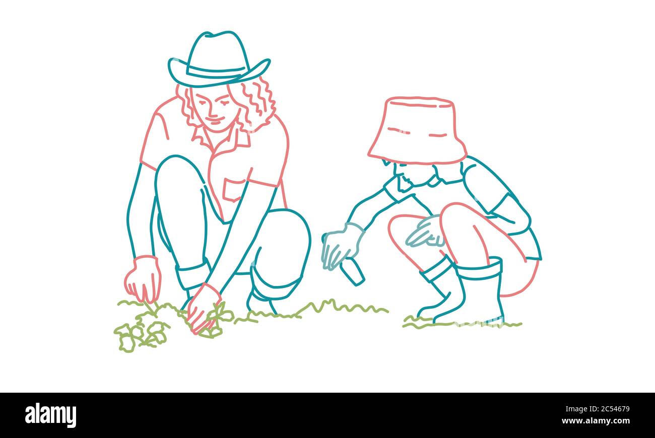 Woman and her daughter work in the garden. Gardening or planting ...