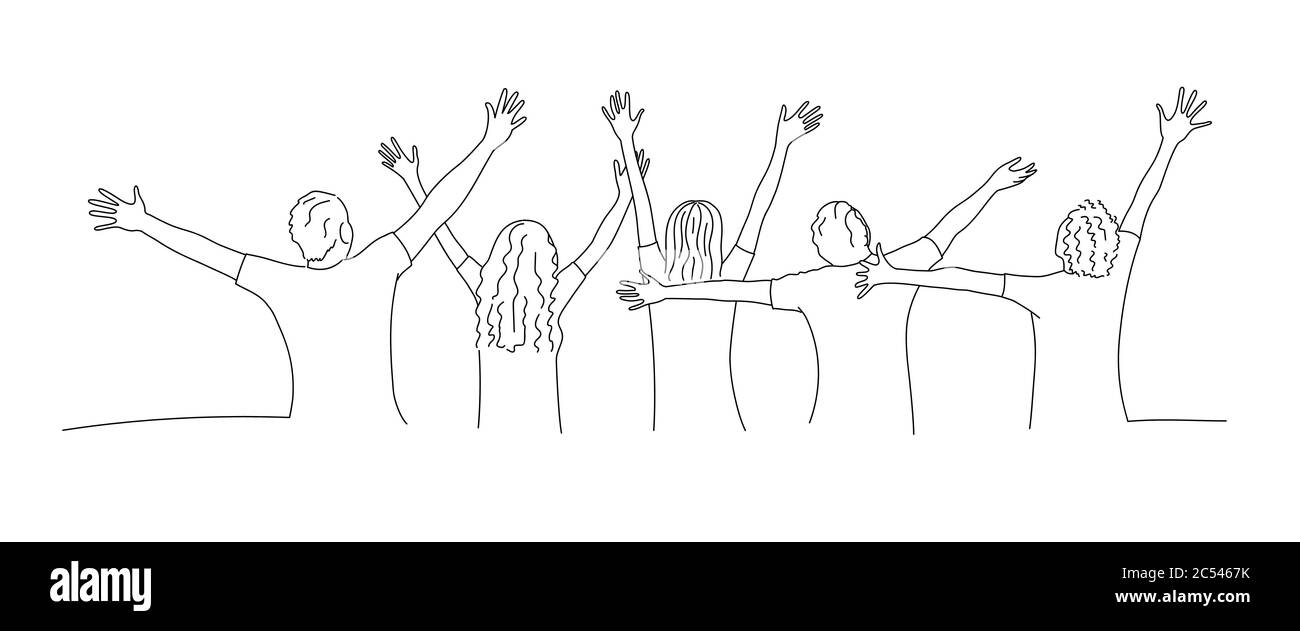 Line drawing of people stands with raised arms. Vector illustration ...