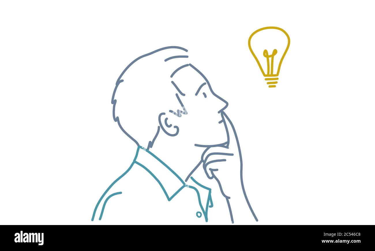 Young man having a good idea. Profile. Colour line drawing vector ...