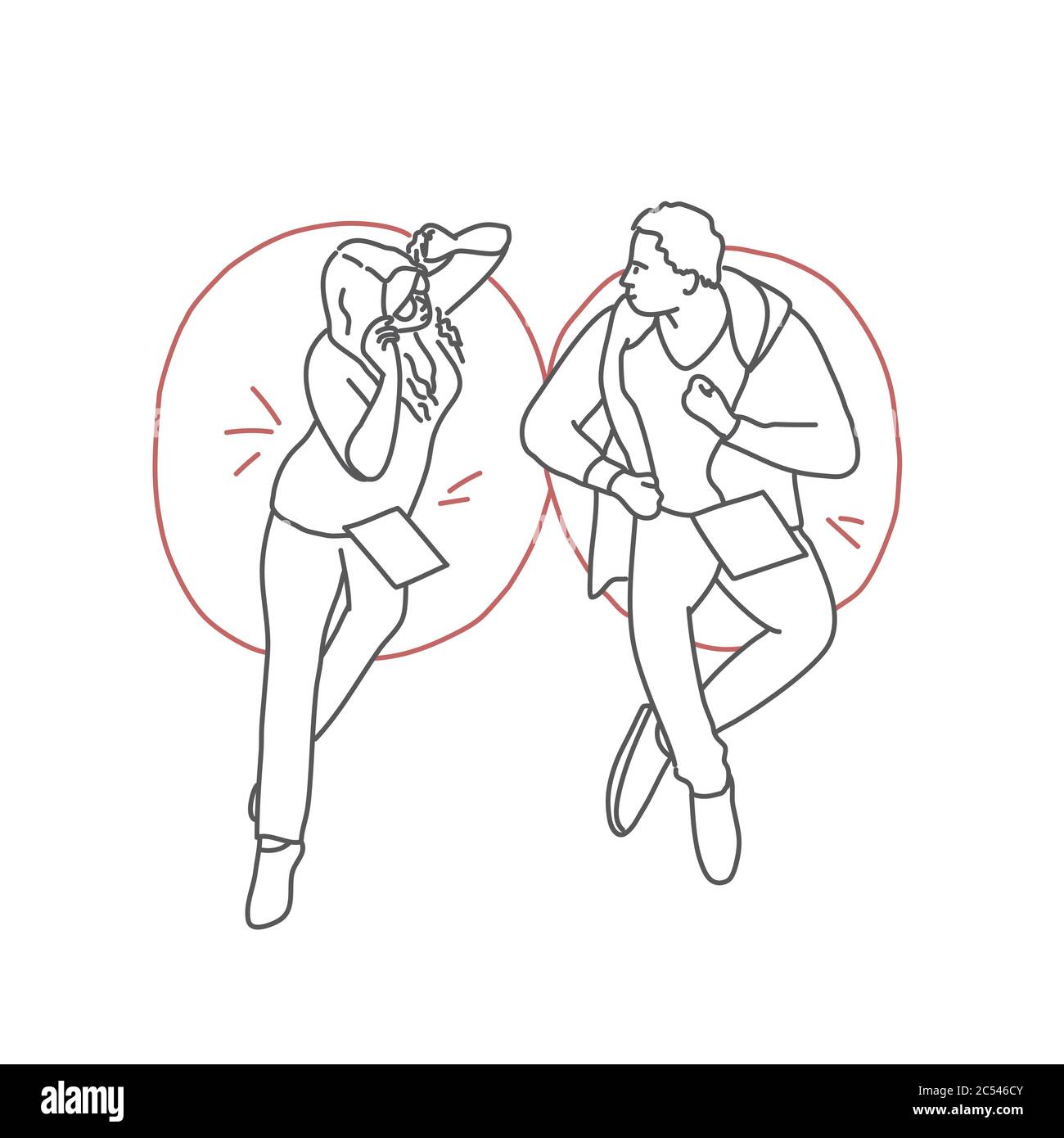 Two colleagues sitting on the chair bags and talking. Line drawing ...
