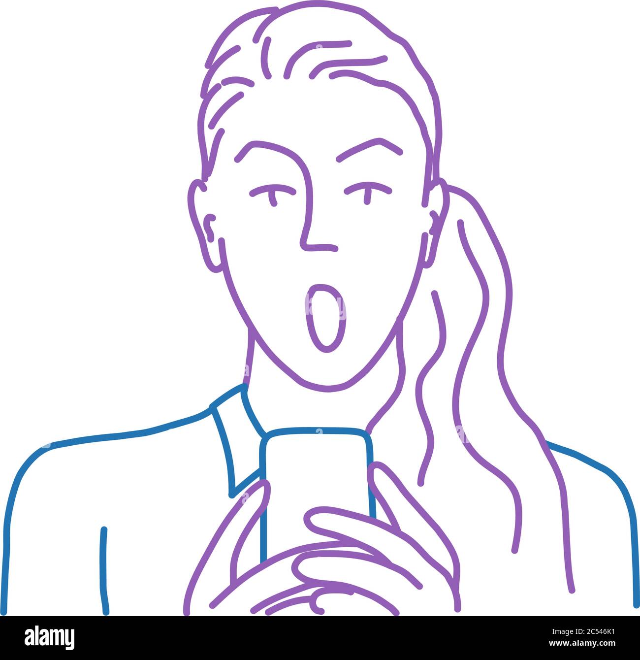 Surprised young woman using smart phone. Colour line drawing vector ...