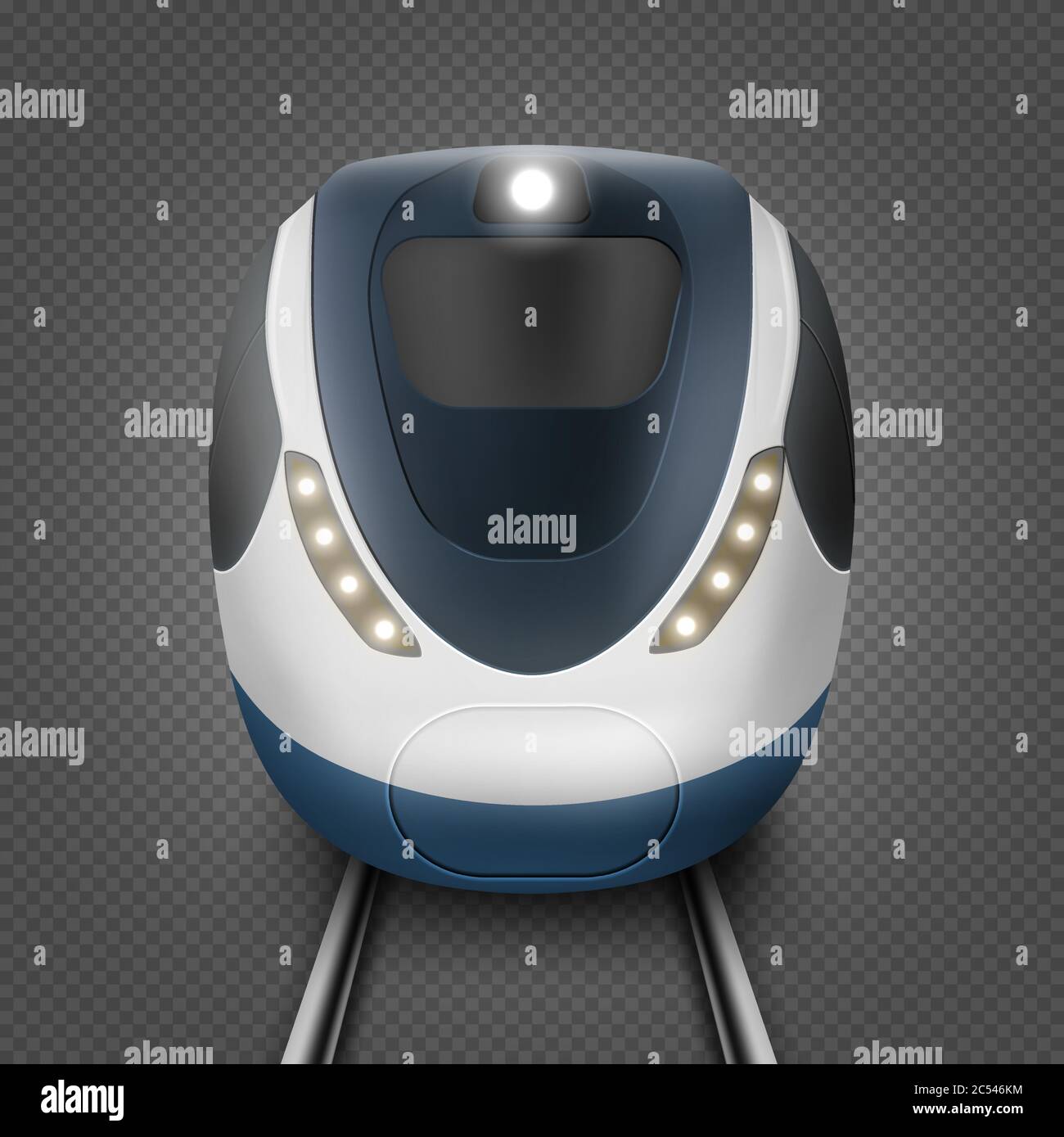 Train or metro, front view, subway locomotive on rails with windshield and illumination. Modern ...