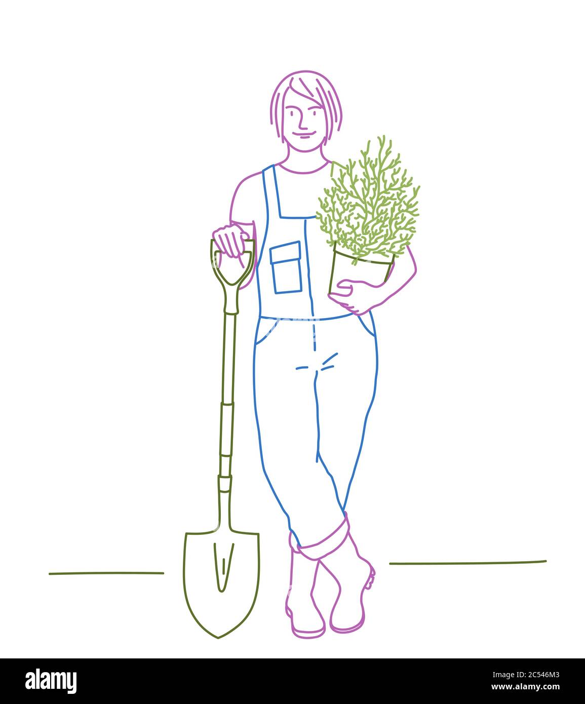Gardener woman with a plant and a shovel. Colour line drawing vector ...