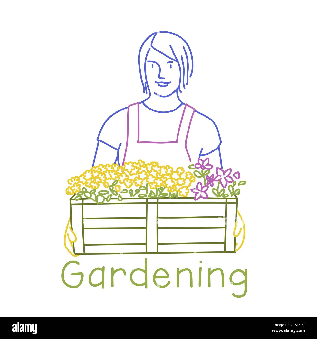 Gardener woman. Girl with a box of flowers. Colour line drawing vector ...