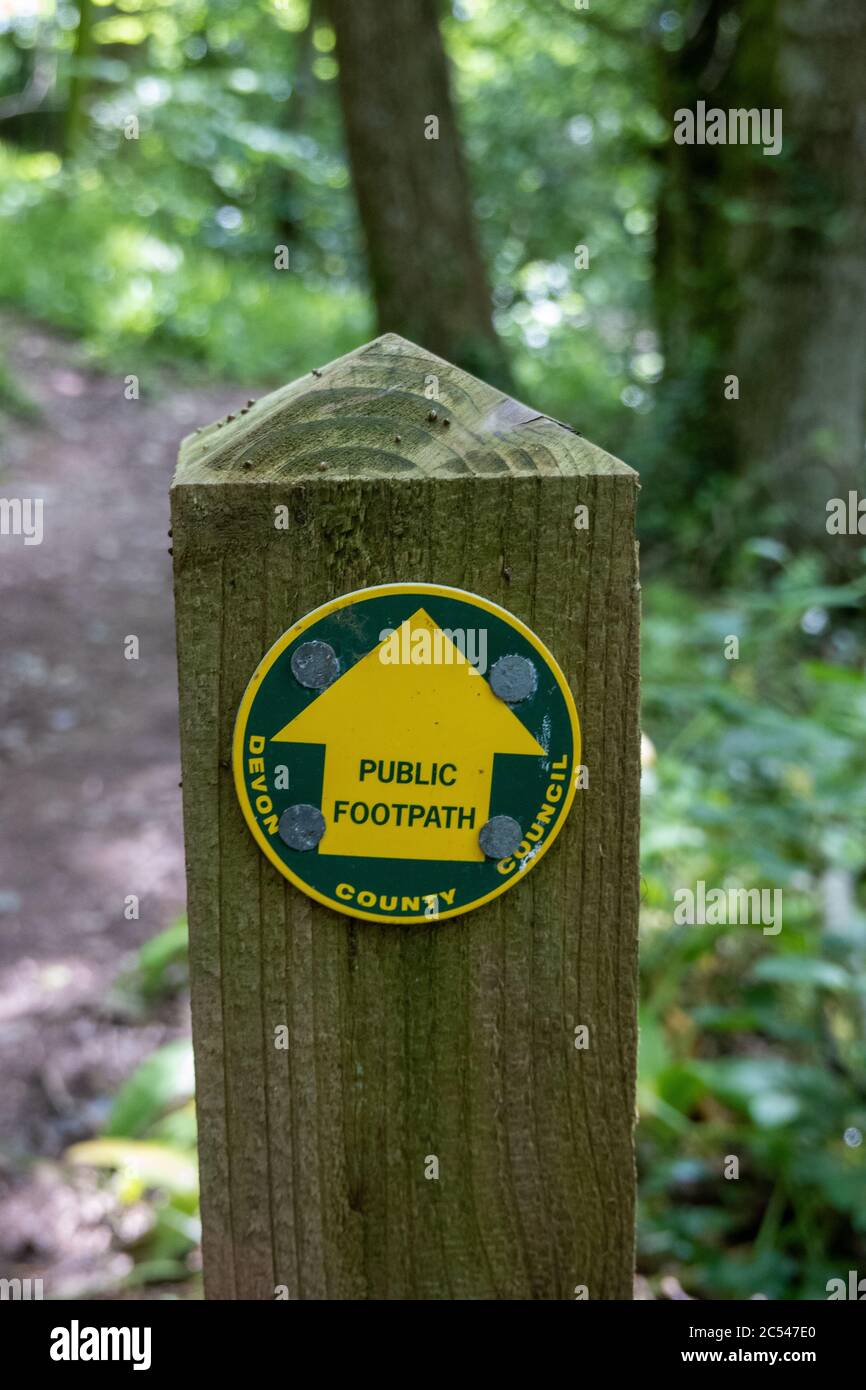 Public Footpath yellow waymarker on wooden Post, Court Wood, Newton ...