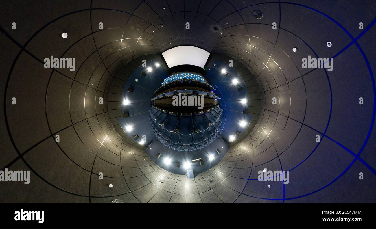360 degrees panorama of a modern cinema hall, mini planet style. 360 ...