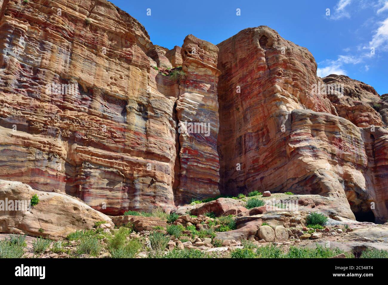 Abstract colorful patterns in sandstone cliff of world wonder Petra ...