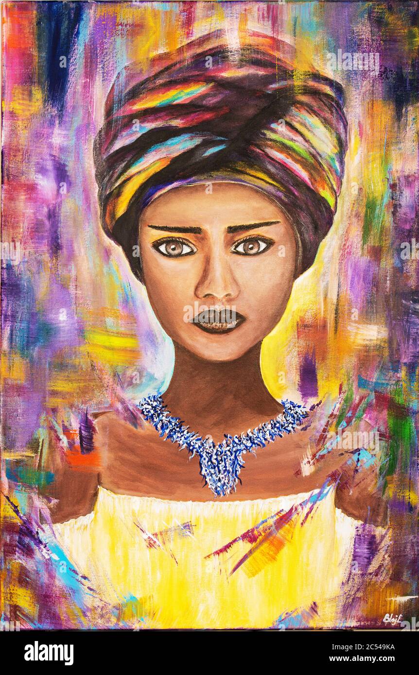 Colorful painted african woman with turban on canvas Stock Photo - Alamy