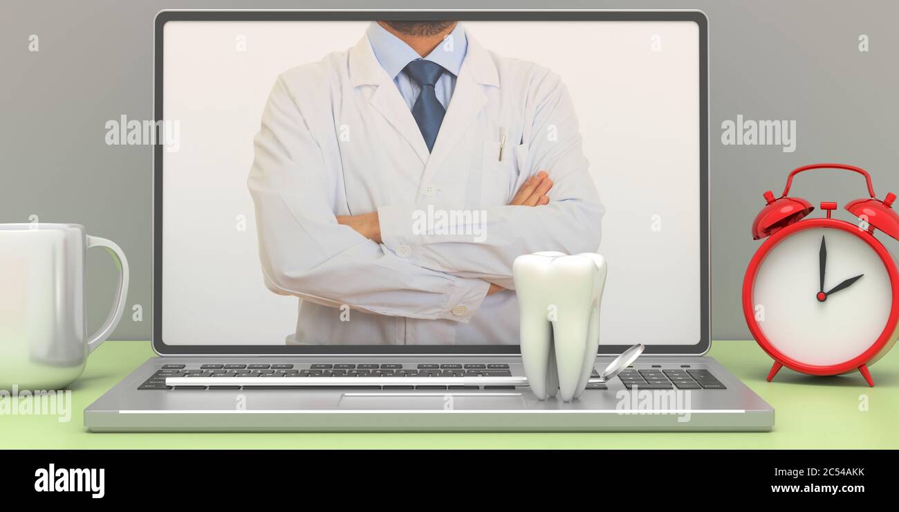 Dentist on a laptop computer screen, office desk background ...