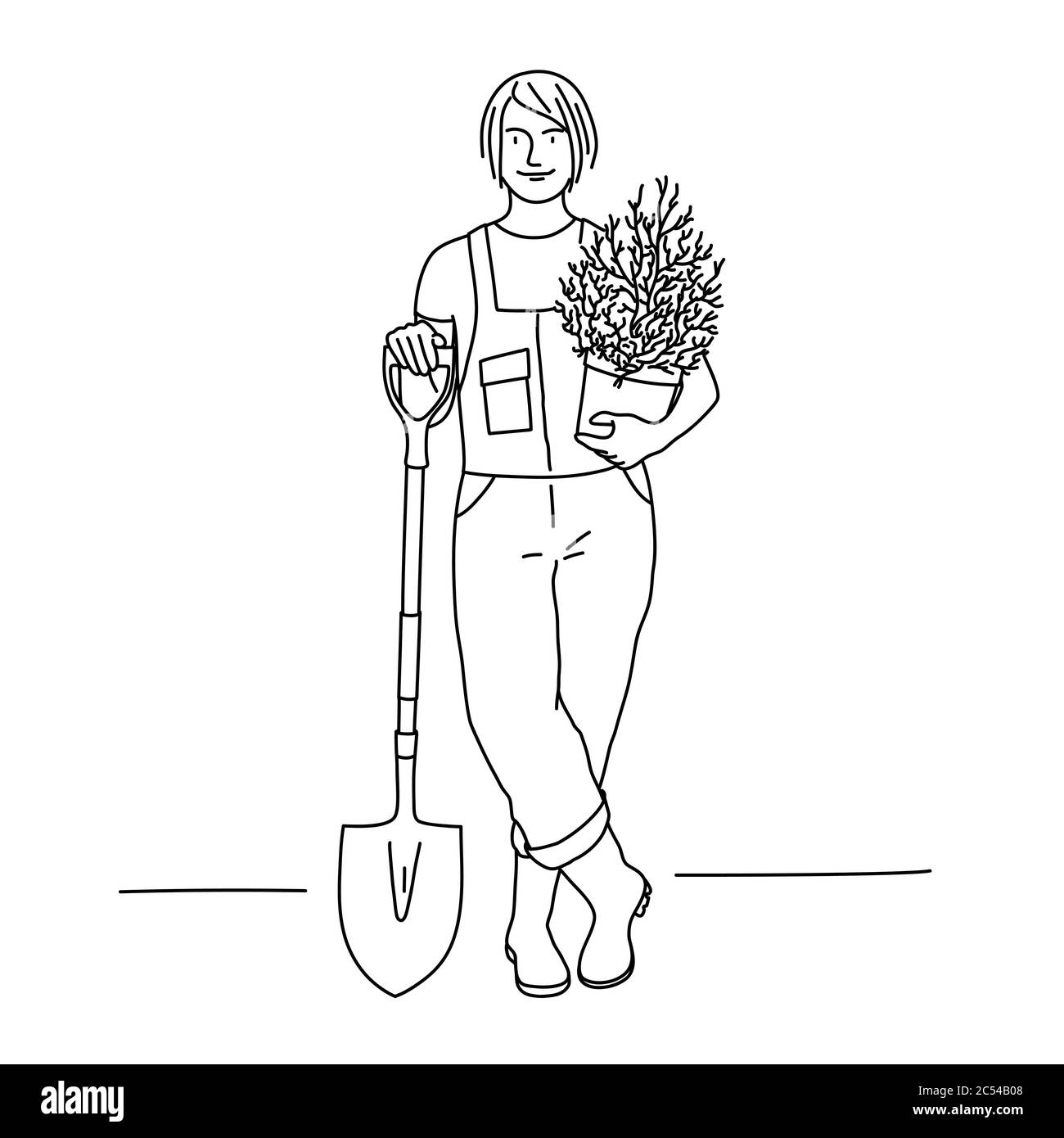 Line Drawing Of Gardener Woman With A Plant And A Shovel Vector
