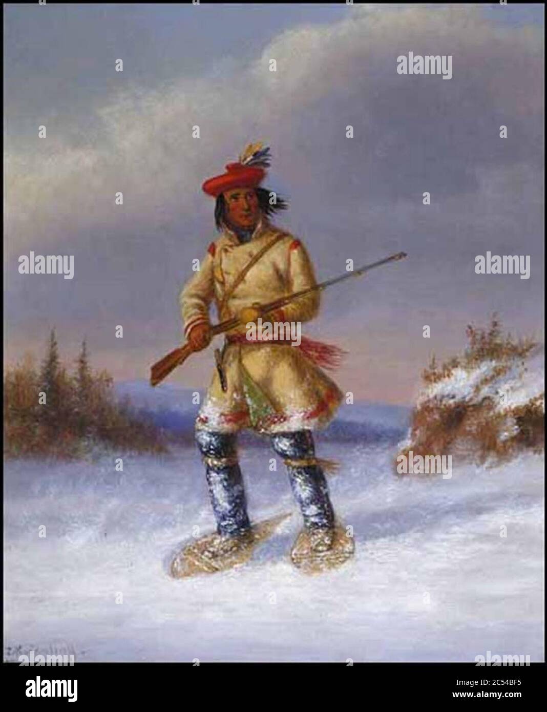 Indian Trapper with Red Feathered Cap in Winter, oil paintings by ...