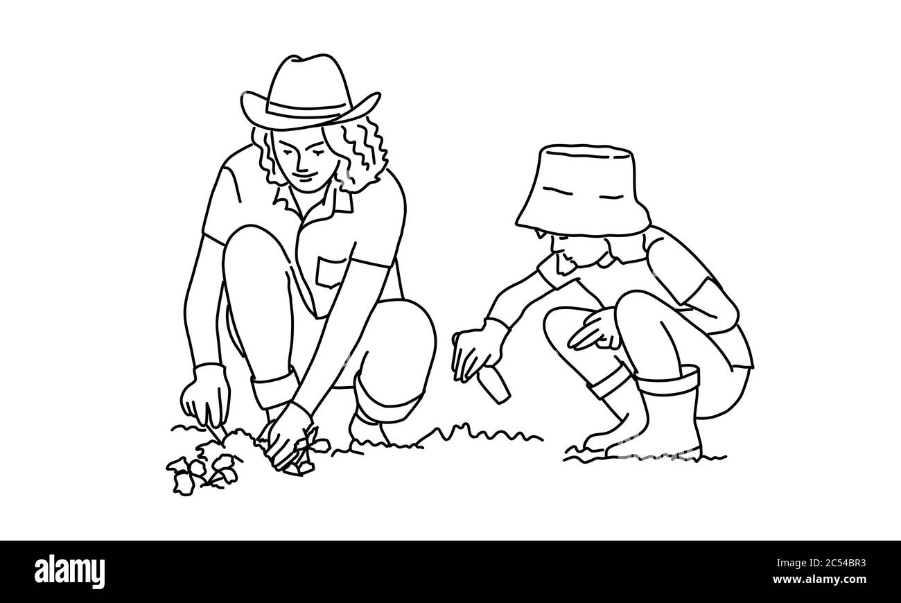 Line drawing of woman and her daughter work in the garden. Gardening or ...