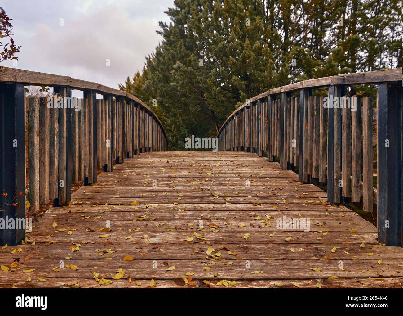 Colorful leaves on a wooden bridge at autumn Stock Photo - Alamy
