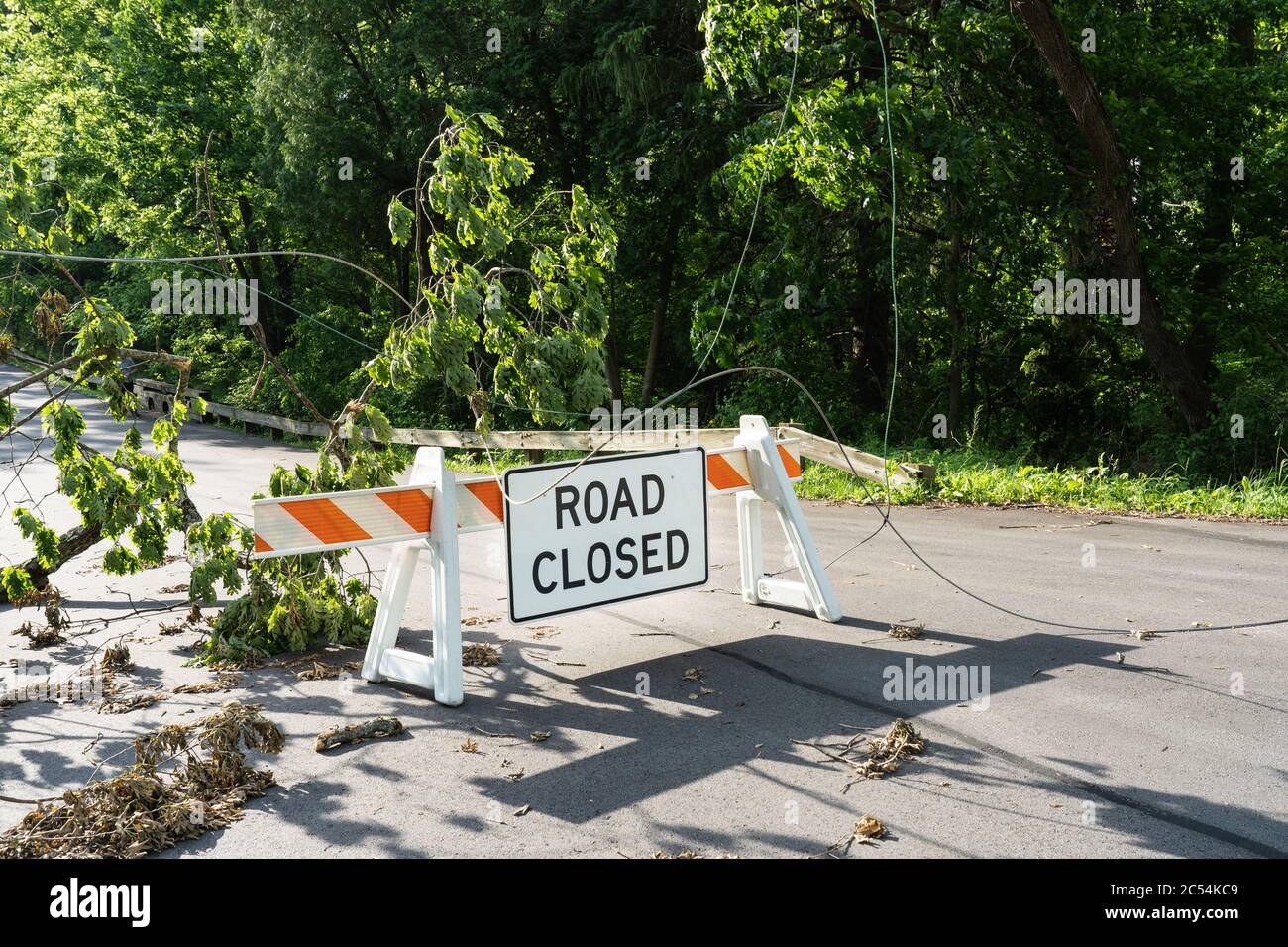 Road Closed sign with tree and power lines down after a big storm Stock ...