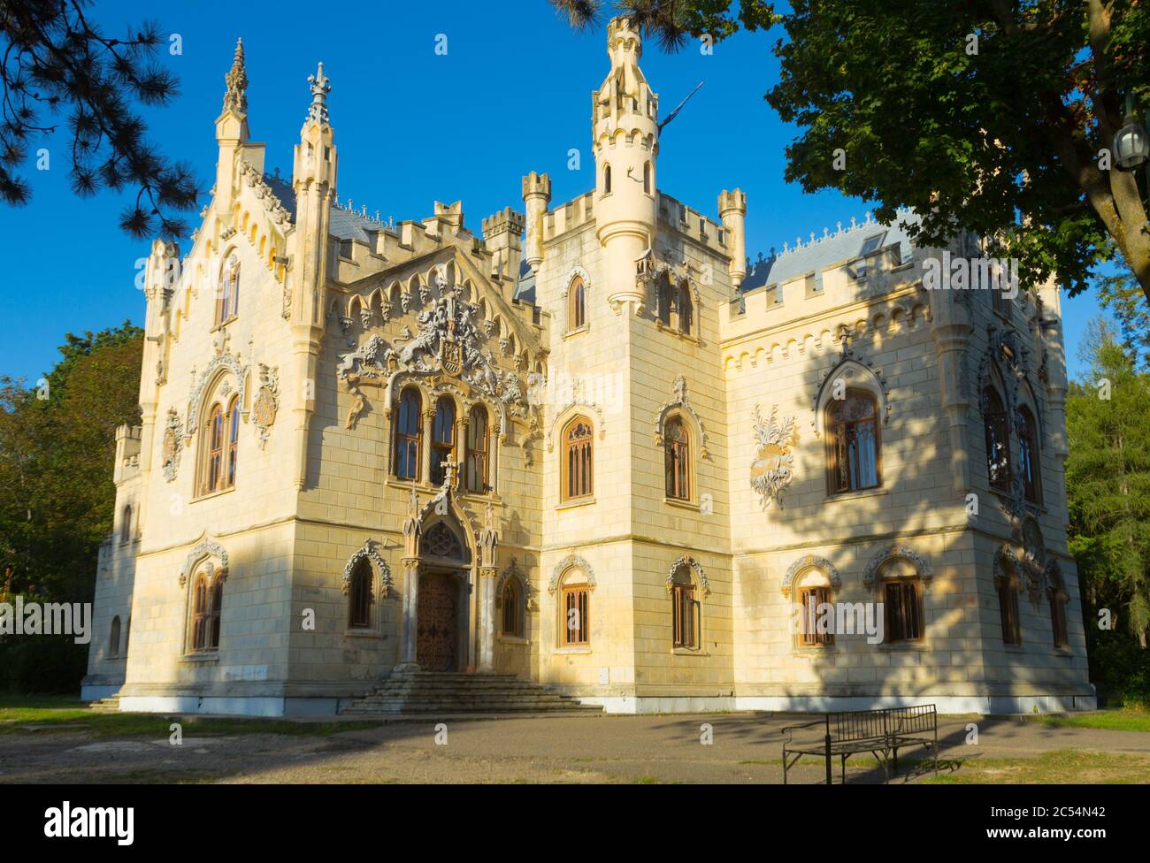 Landscape with neo-gothic Sturdza Castle in Miclauseni, Romania Stock ...