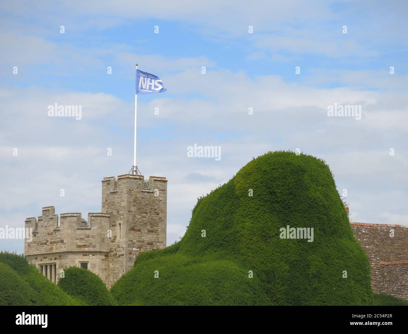 A blue NHS flag is flying from the tower at Rockingham Castle in ...