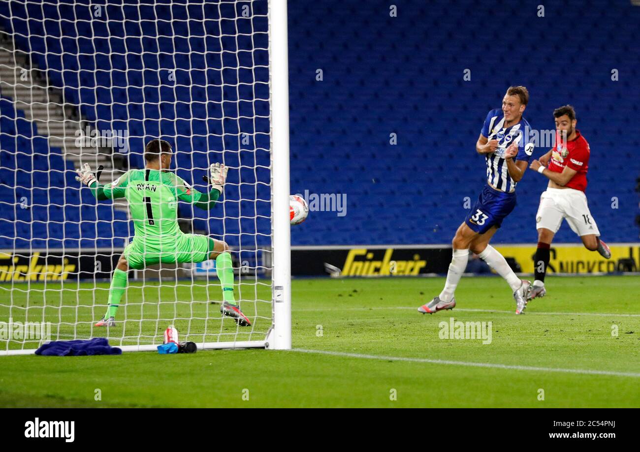 Manchester United's Bruno Fernandes scores his side's third goal of the ...