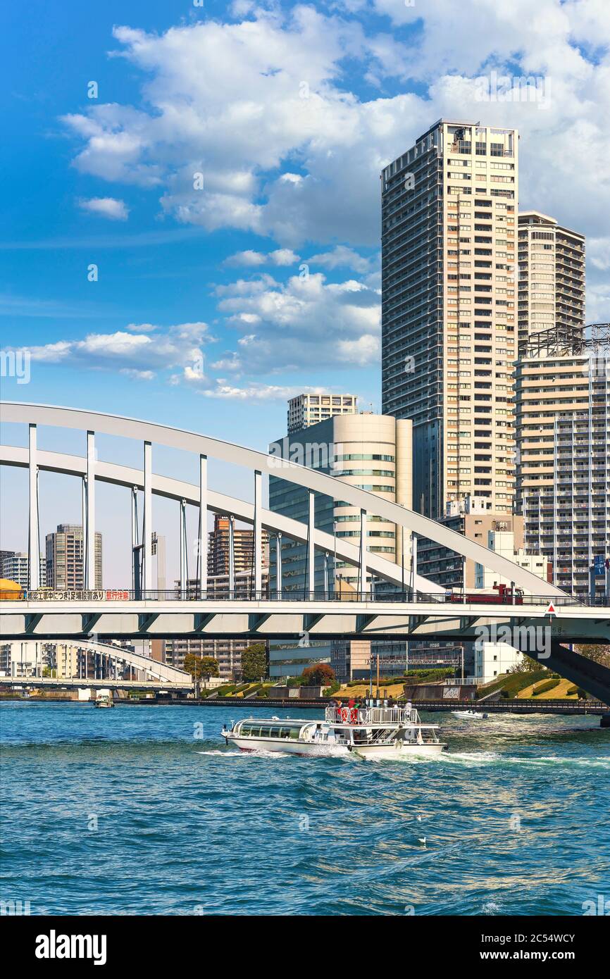 tokyo, japan - march 15 2020: Water buses sailing on the Sumida river ...