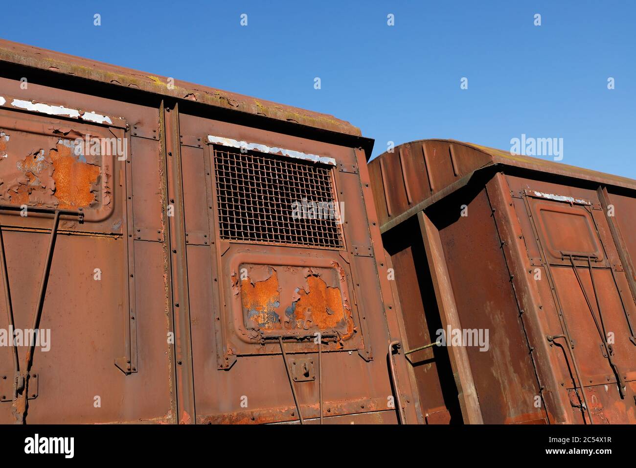 Close-up view of European railroad goods wagons Stock Photo - Alamy