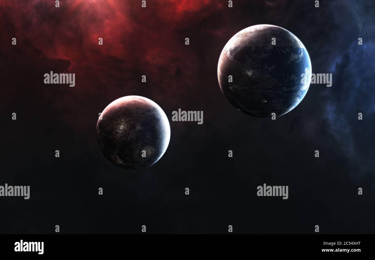 Inhabited planets on background of nebulae in red and blue light Stock ...