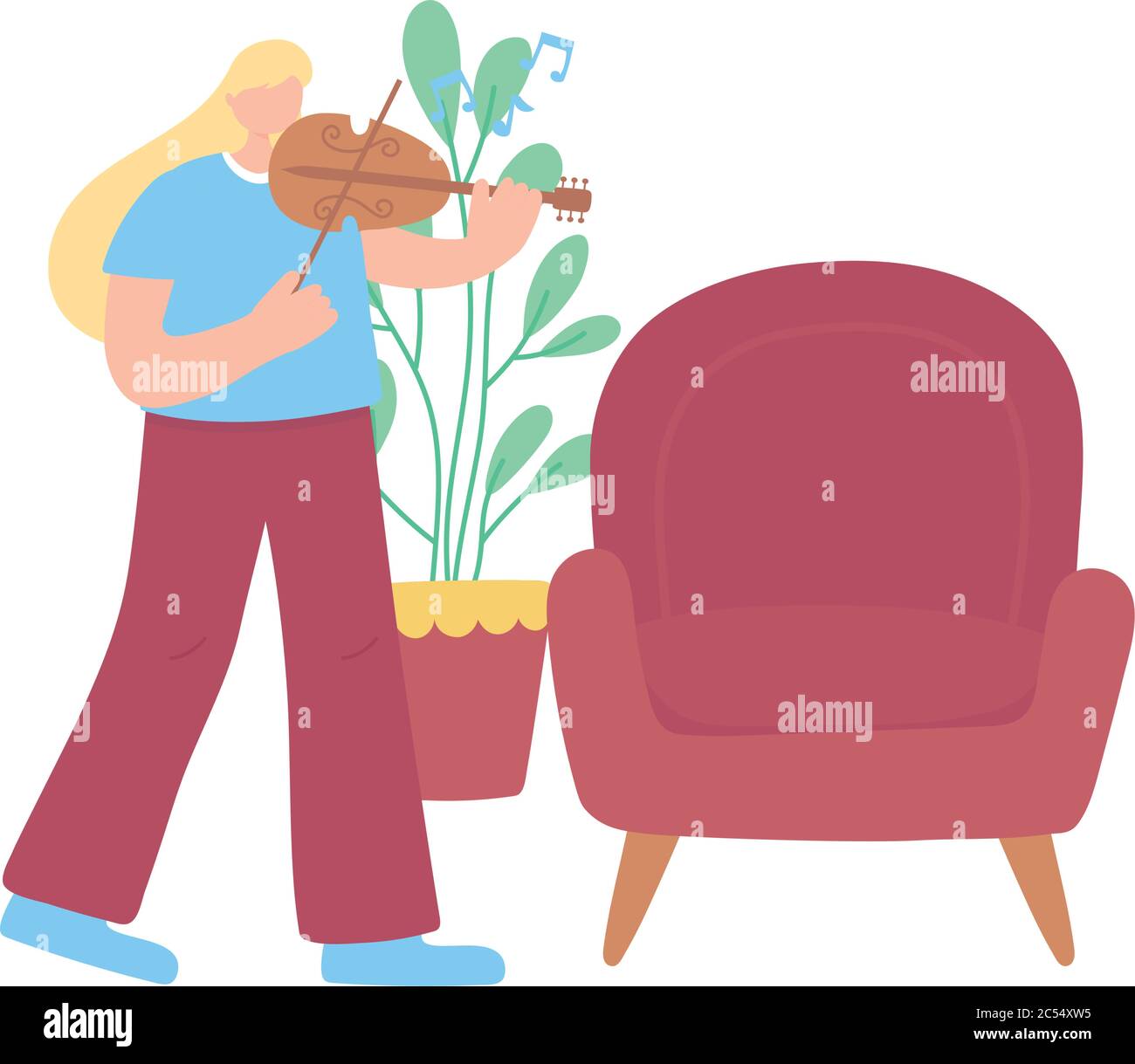stay at home, girl with fiddle chair and plant, self isolation ...