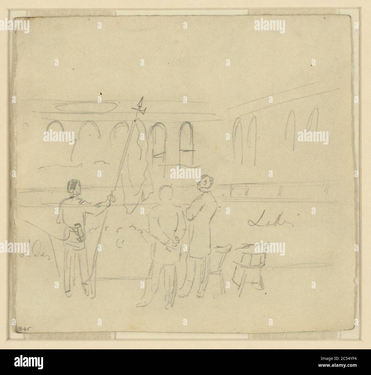 Interior of hall with three figures on a stage Stock Photo - Alamy