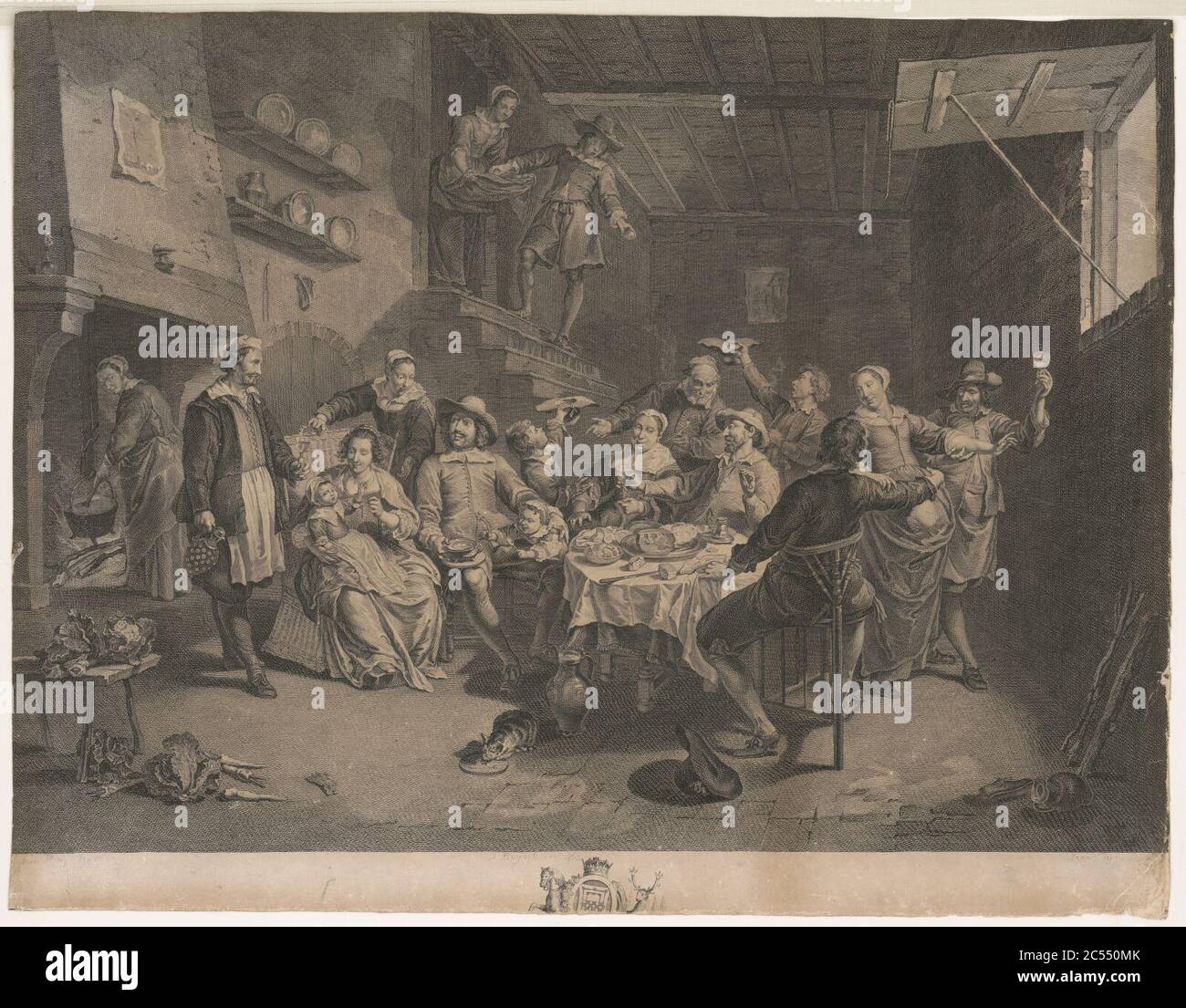 Interior scene with group gathered around table eating and drinking ...