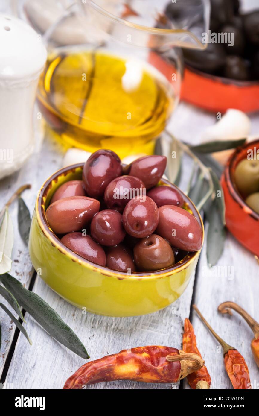 Pickled olives ready to eat, healthy food used in mediterranean ...