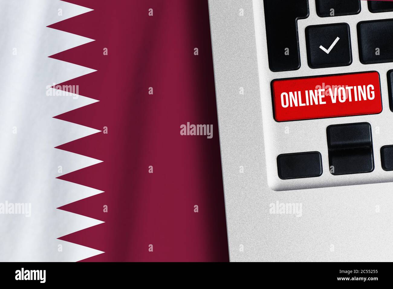 Online voting concept in State of Qatar. Keyboard near country flag ...