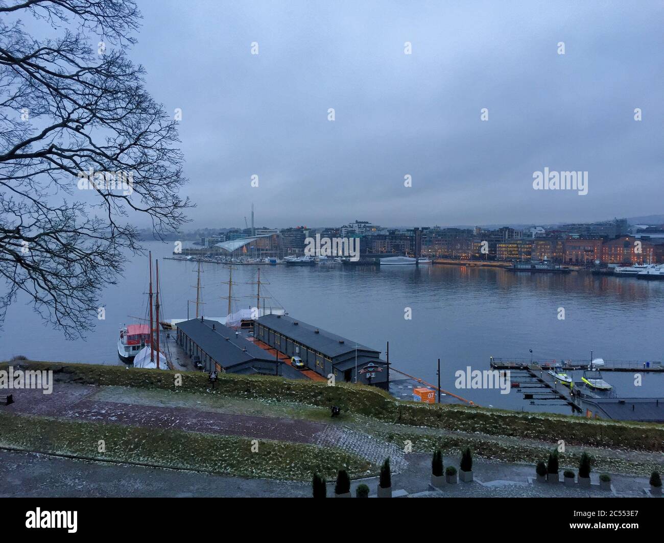 Waterfront in Oslo on a very cold winter day and bad weather Stock ...
