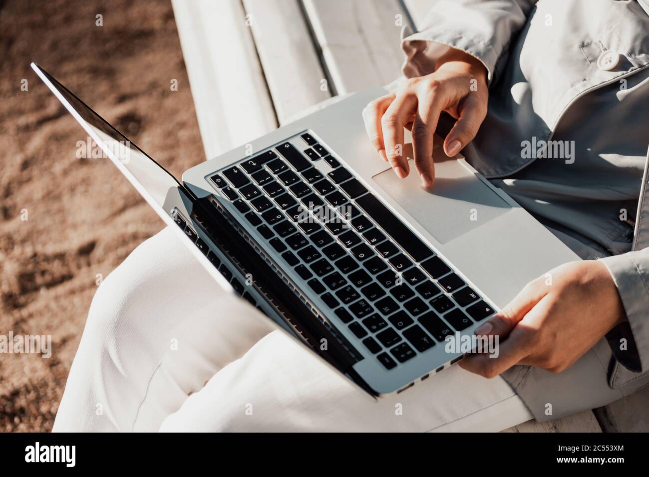 Girl writer sits on a park bench and works on a laptop Stock Photo - Alamy