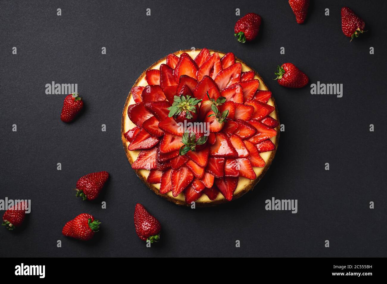 Strawberry Cheesecake top view from above. A classic decadent dessert ...