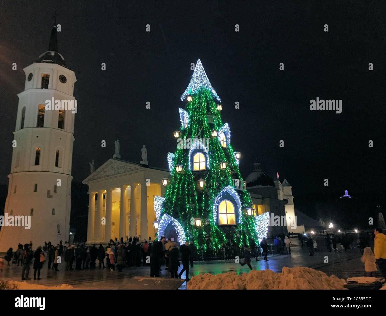 Christmas tree and a bell tower in the center of Vilnius at night Stock ...