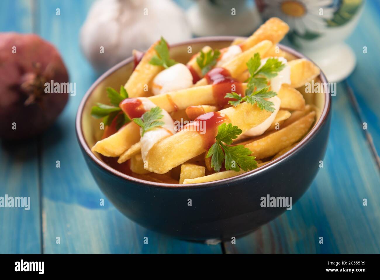 Canadian poutine, fried potato chips with cheese and gravy or sauce ...
